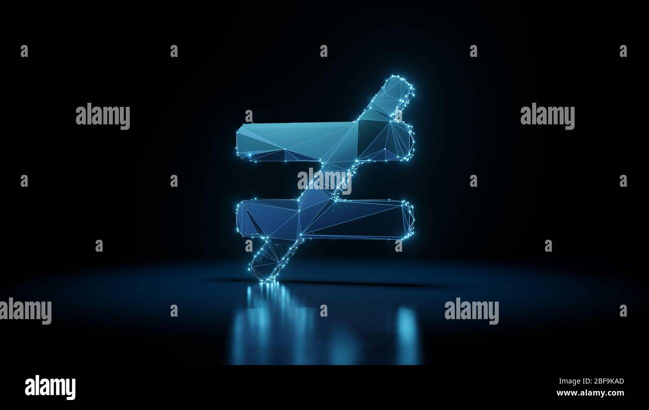 3d rendering wireframe digital techno neon glowing symbol of not equal symbol with shining dots ...