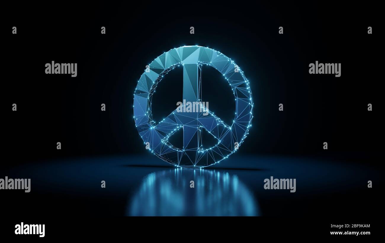 3d rendering wireframe digital techno neon glowing symbol of peace with shining dots on black ...