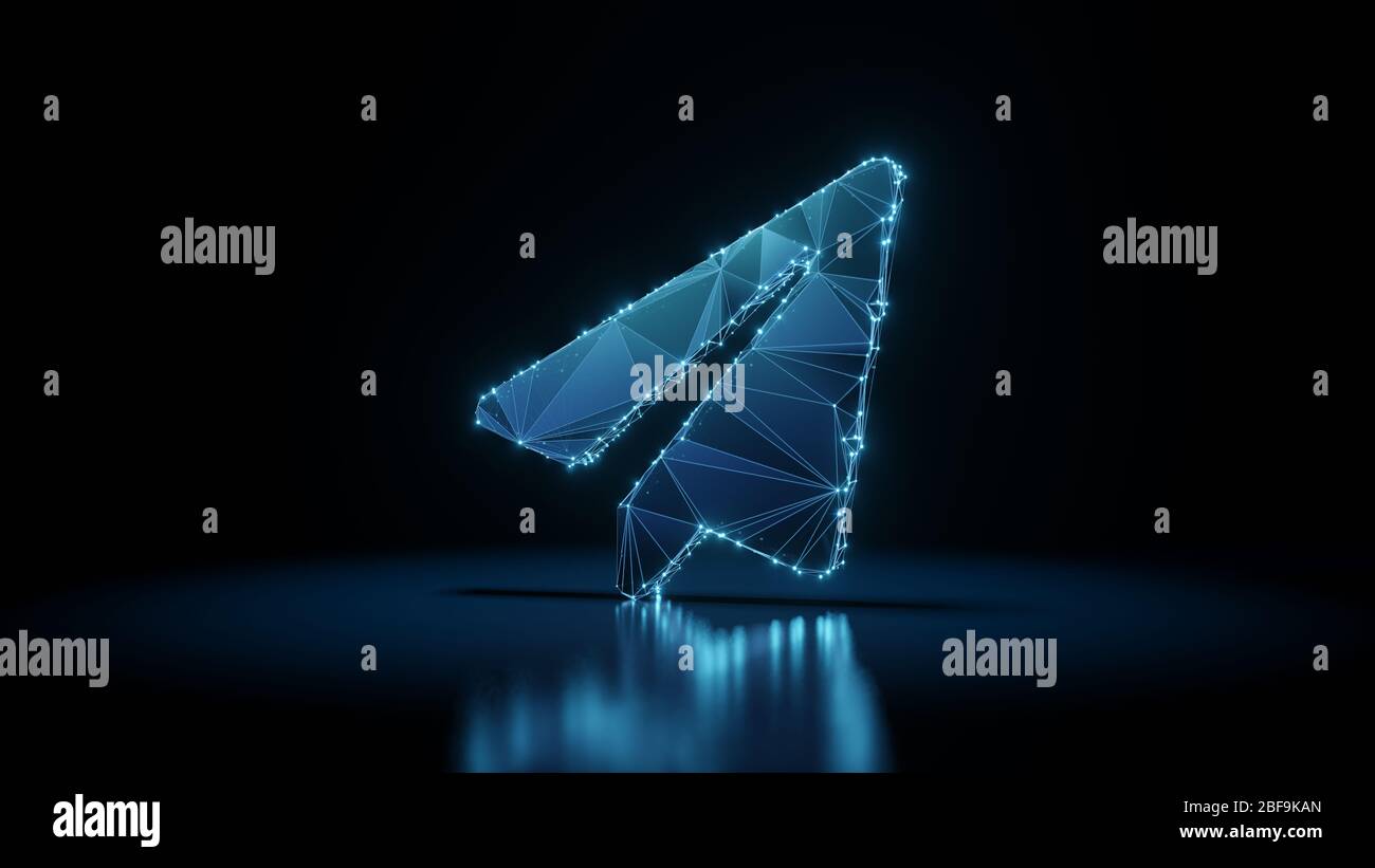 3d rendering wireframe digital techno neon glowing symbol of paper plane with shining dots on ...