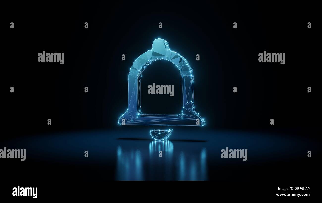 3d rendering wireframe digital techno neon glowing symbol of bell with shining dots on black ...