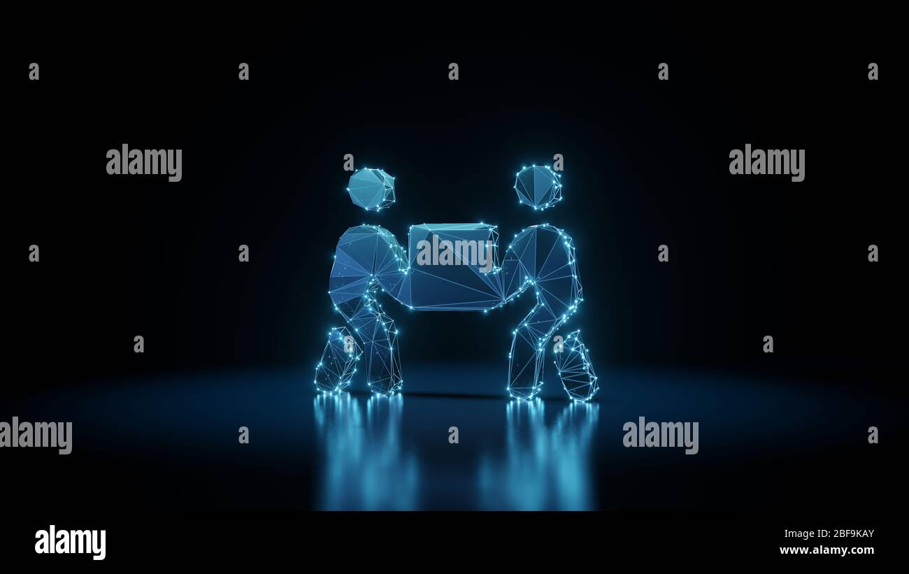 3d rendering wireframe digital techno neon glowing symbol of two people ...