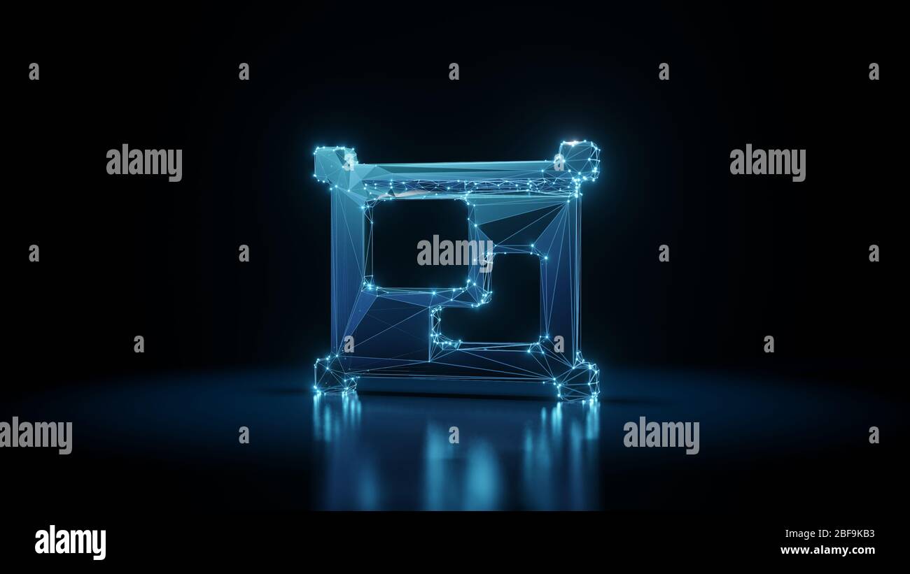 3d rendering wireframe digital techno neon glowing symbol of two joined images with shining dots ...