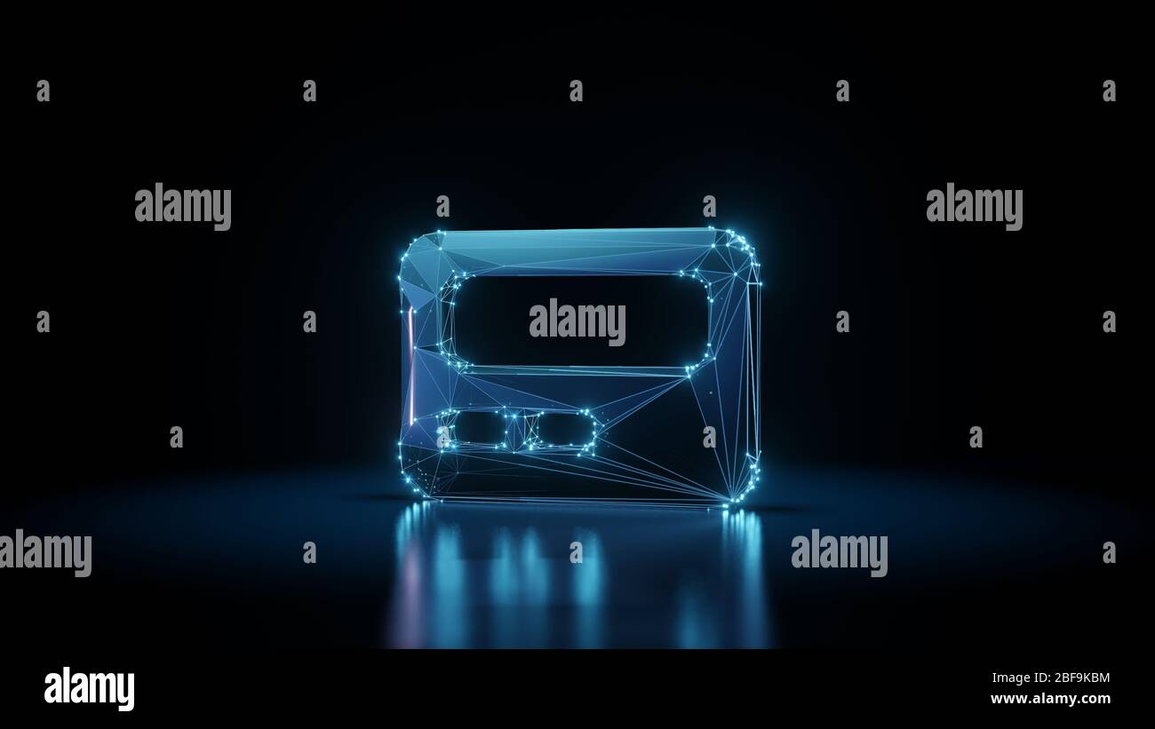 3d rendering wireframe digital techno neon glowing symbol of pager with shining dots on black ...