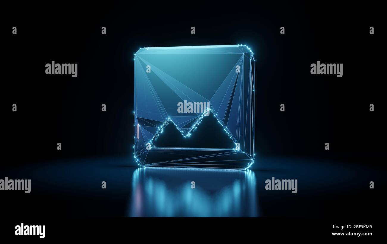 3d rendering wireframe digital techno neon glowing symbol of image witm mountains in rounded ...