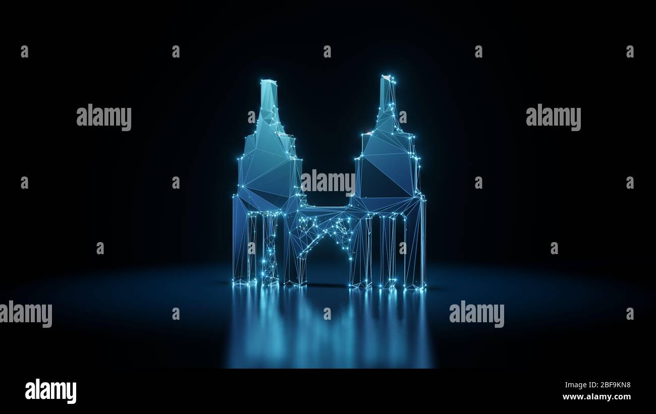 3d rendering wireframe digital techno neon glowing symbol of Petronas twin tower with shining ...