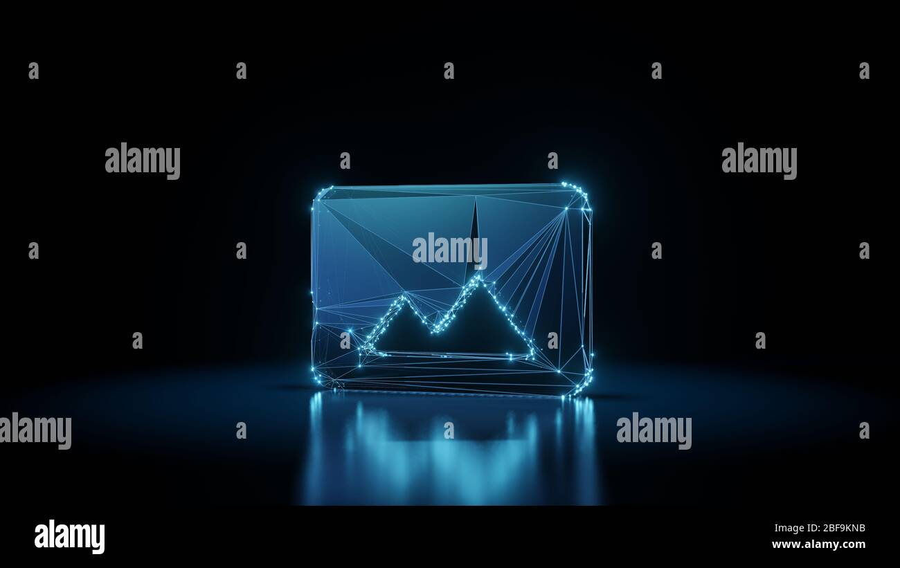 3d rendering wireframe digital techno neon glowing symbol of mountain in rounded rectangle with ...