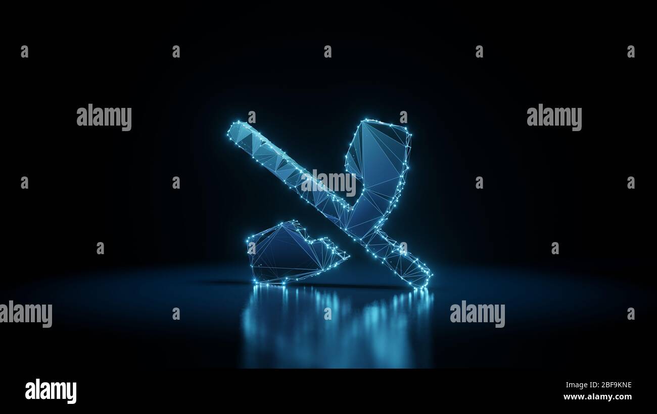 3d rendering wireframe digital techno neon glowing symbol of phone and slash with shining dots ...
