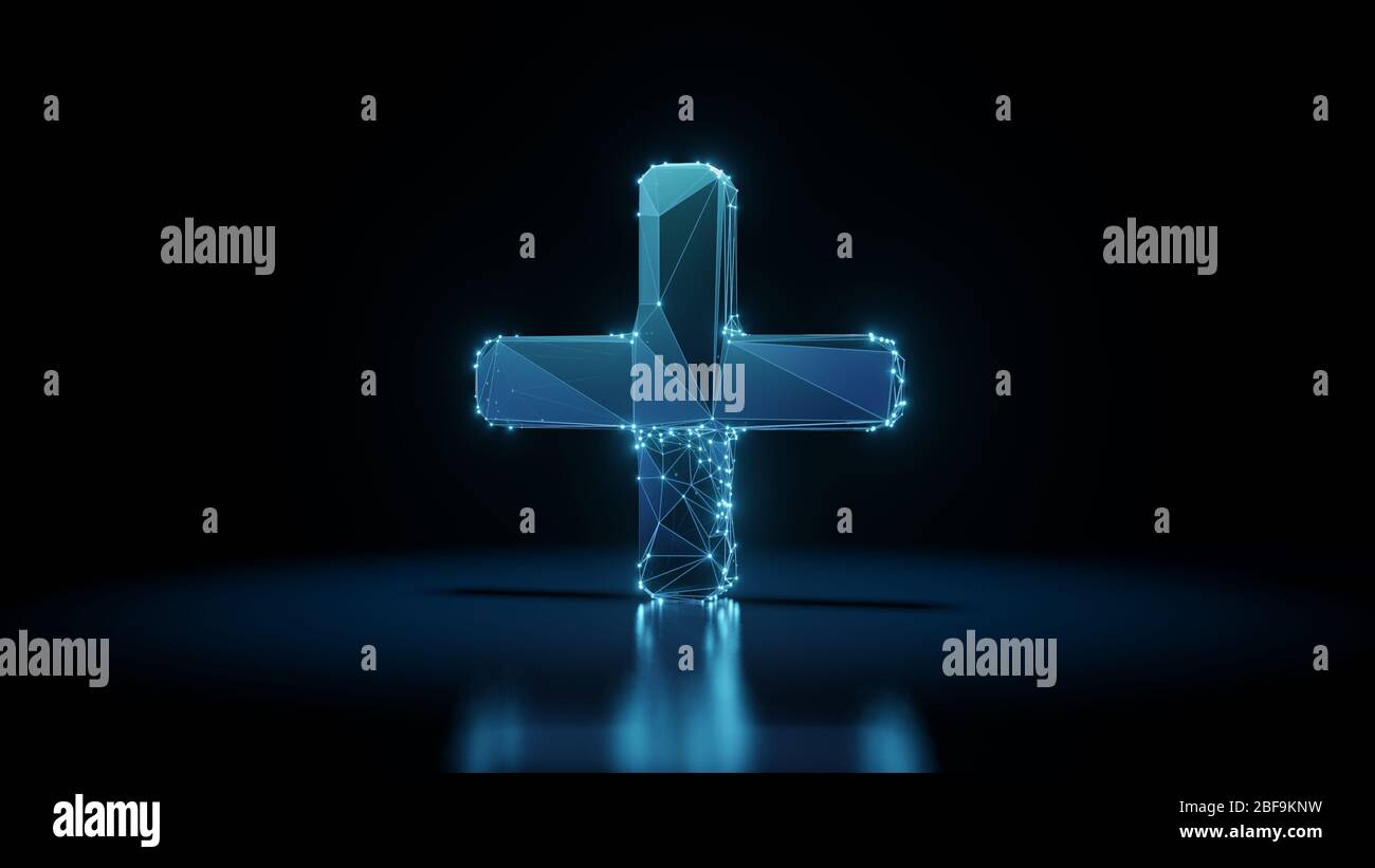 3d rendering wireframe digital techno neon glowing symbol of plus with ...