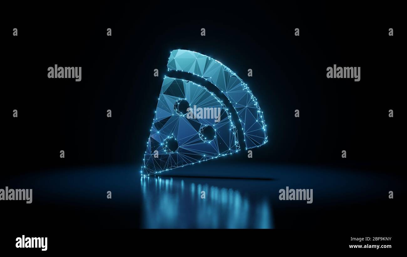 3d rendering wireframe digital techno neon glowing symbol of pizza ...