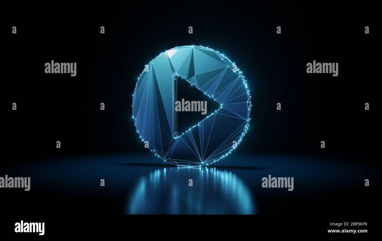 3d rendering wireframe digital techno neon glowing symbol of play in circle with shining dots on ...