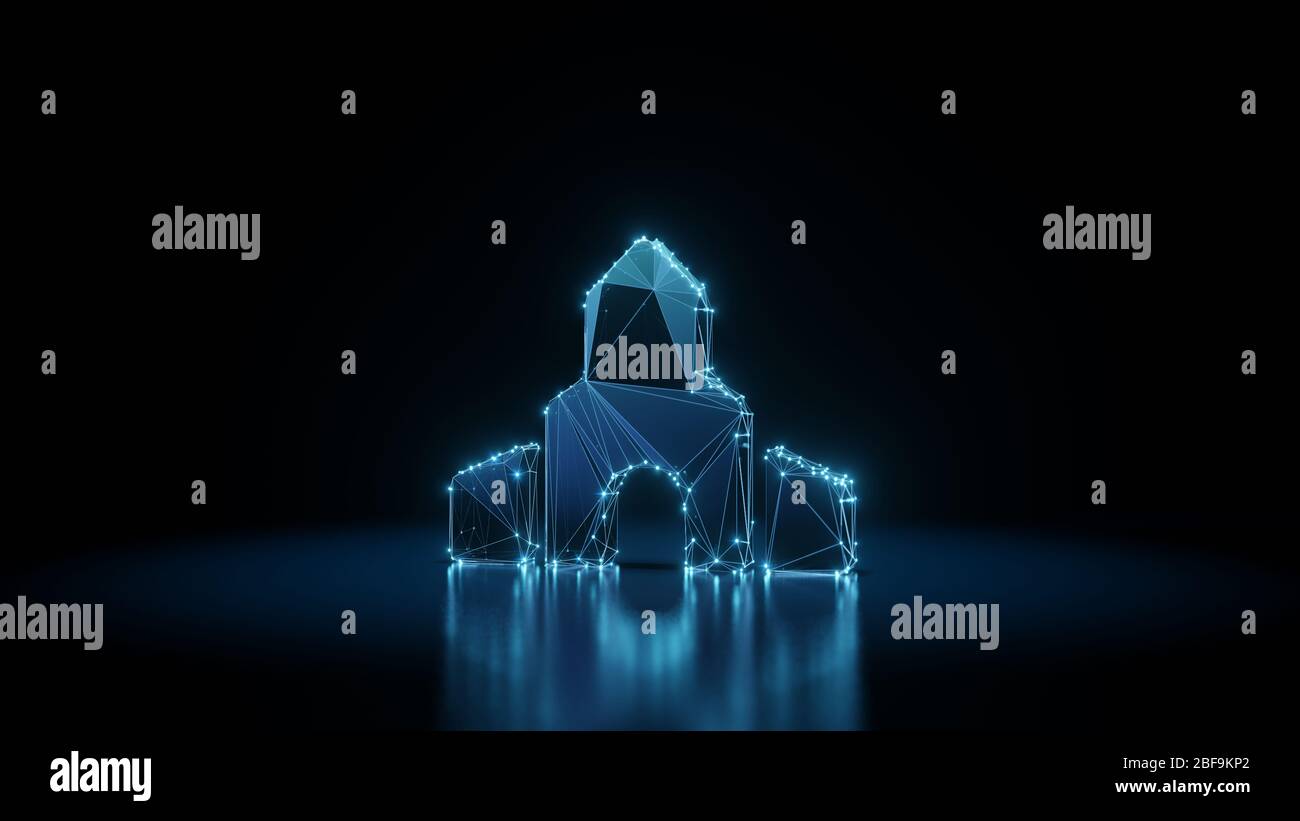 3d rendering wireframe digital techno neon glowing symbol of monastery ...