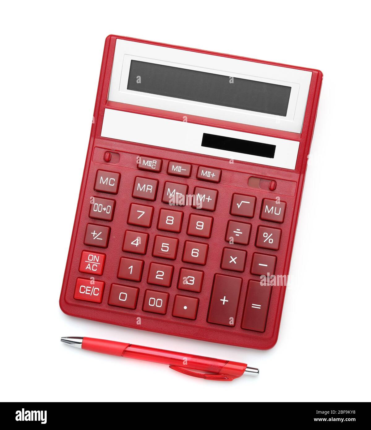 Modern calculator with pen on white background Stock Photo - Alamy