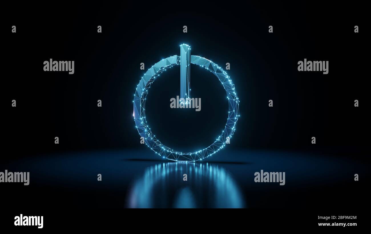 3d rendering wireframe digital techno neon glowing symbol of power button sign with shining dots ...