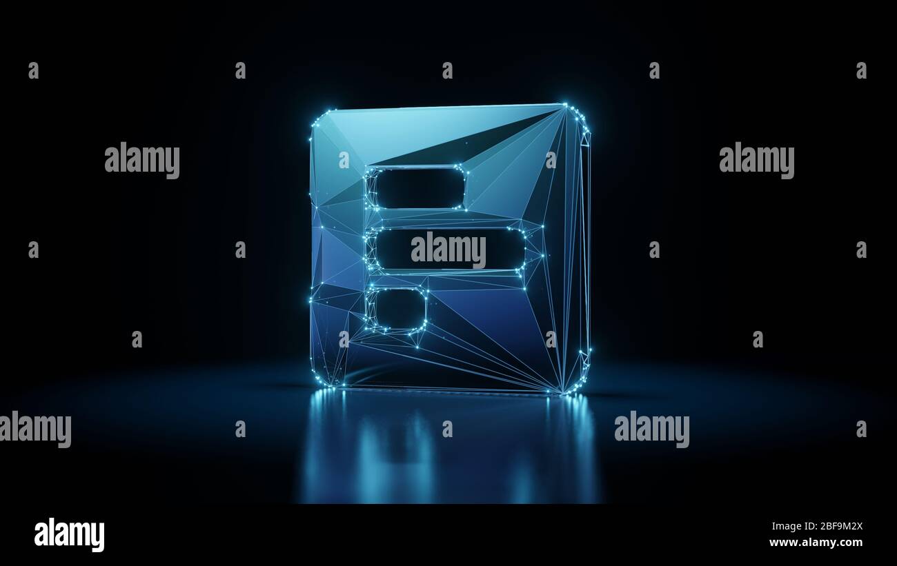3d rendering wireframe digital techno neon glowing symbol of three horizontal lines in rounded ...