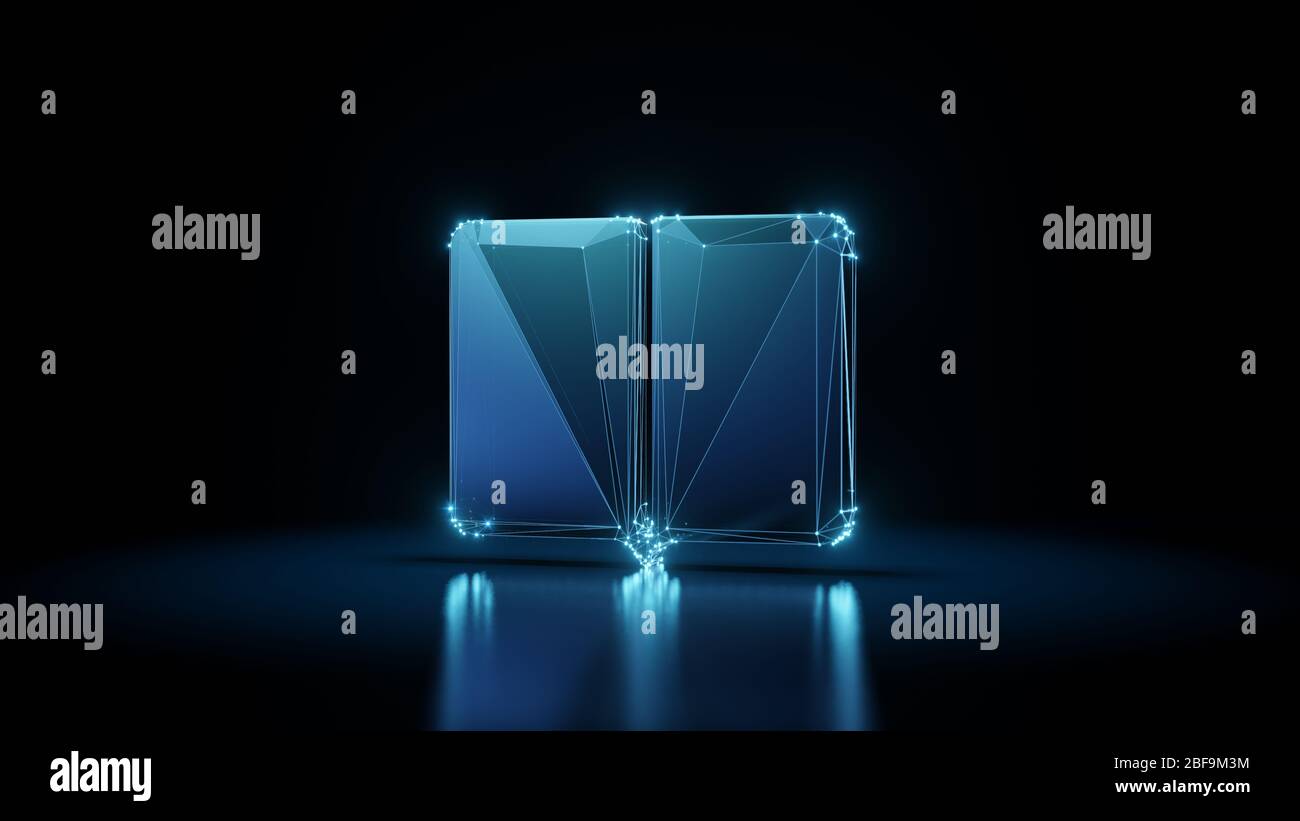 3d Rendering Wireframe Digital Techno Neon Glowing Symbol Of Open Book With Shining Dots On