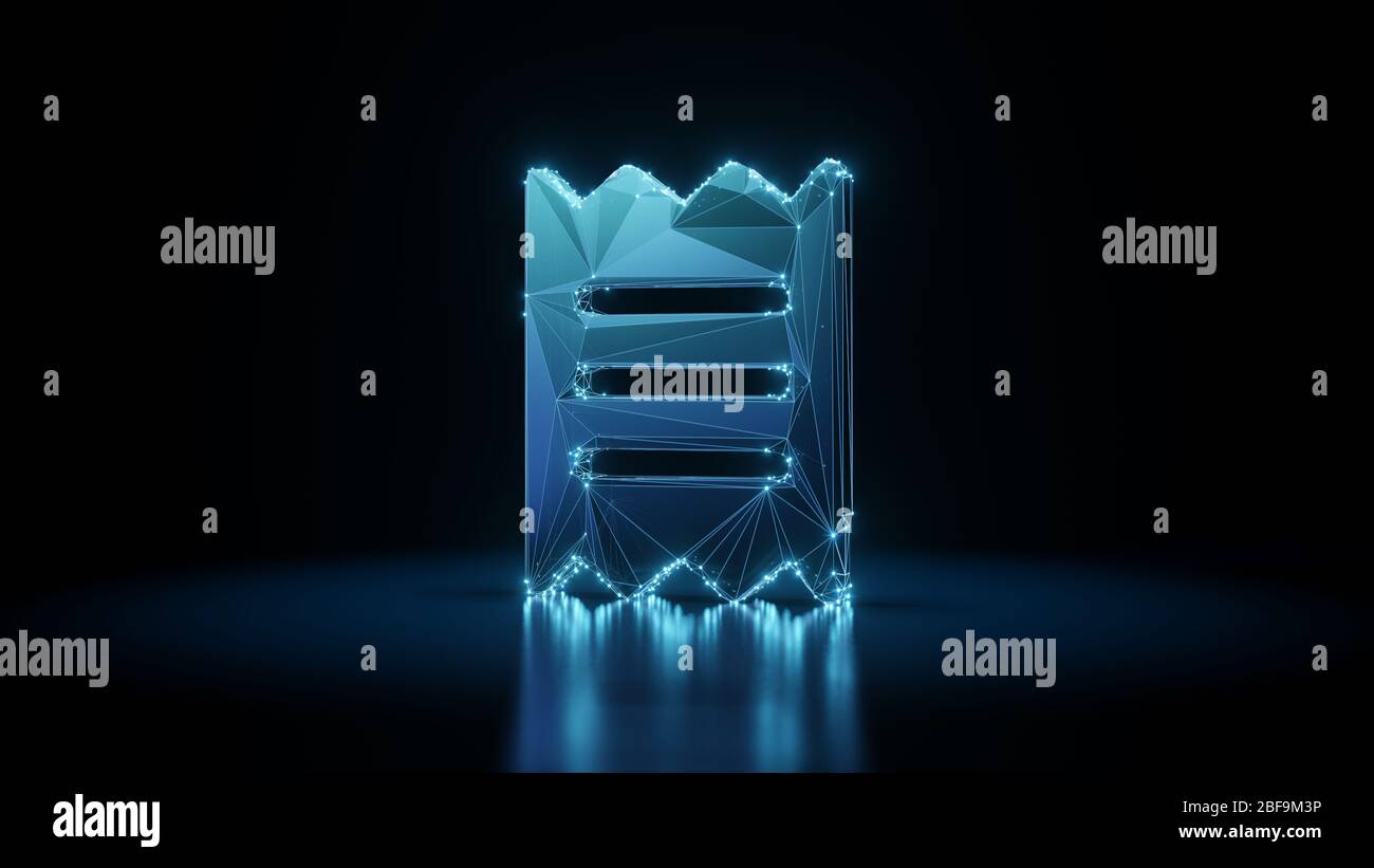 3d rendering wireframe digital techno neon glowing symbol of paper bill piece with shining dots ...