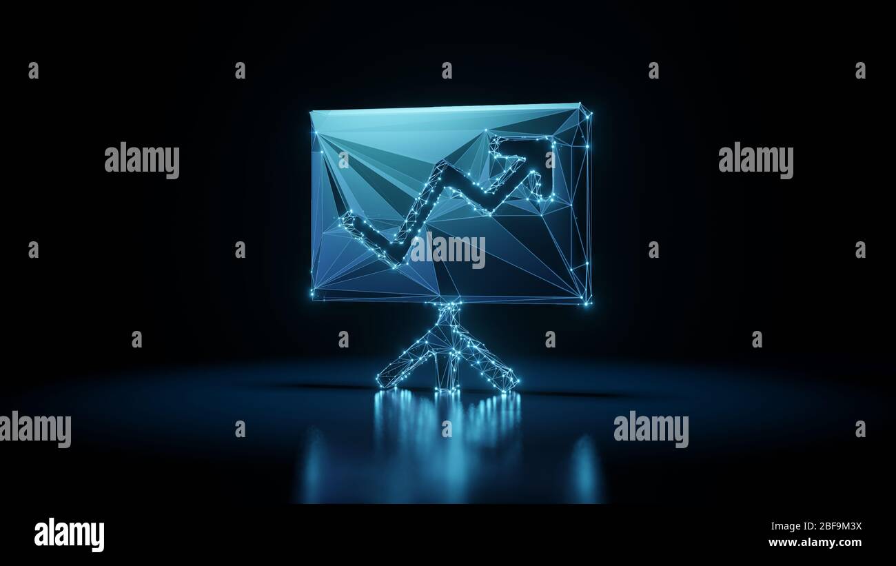 3d rendering wireframe digital techno neon glowing symbol of presentation board with arrow chart ...