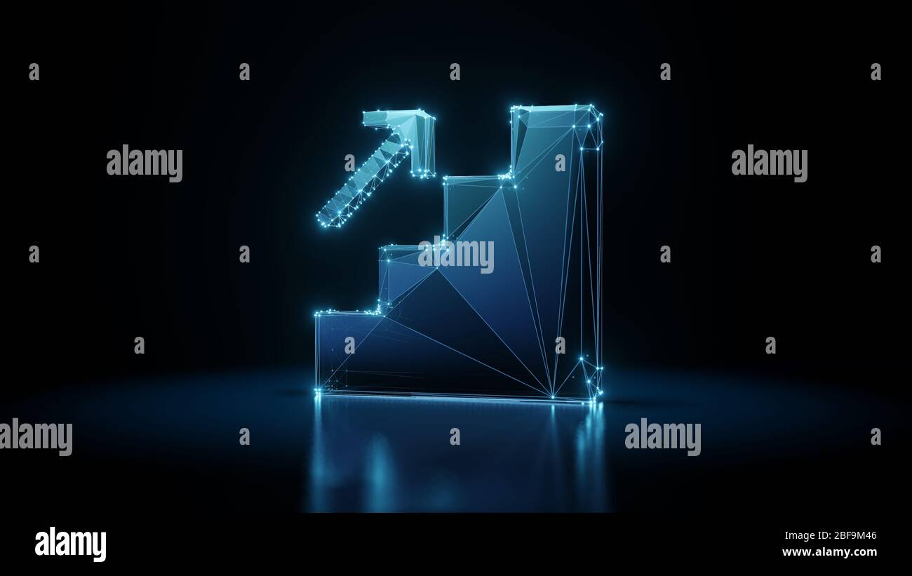 3d rendering wireframe digital techno neon glowing symbol of stairs with up arrow with shining ...