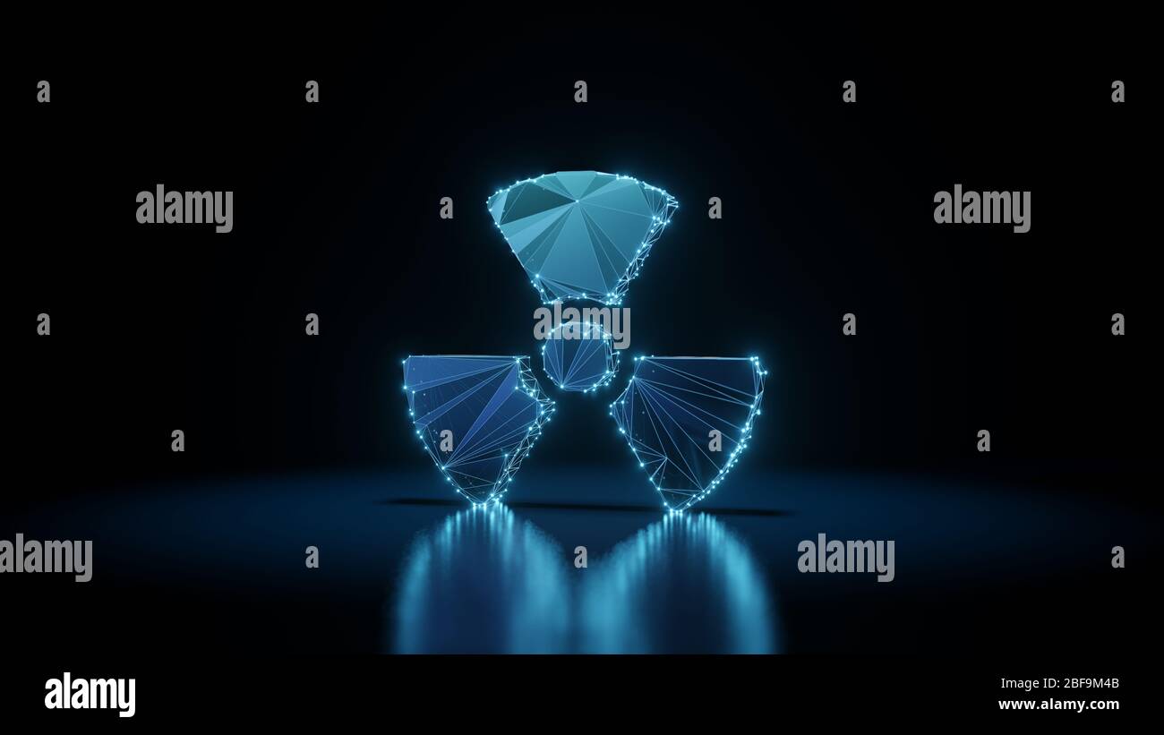3d rendering wireframe digital techno neon glowing symbol of radiation sign with shining dots on ...