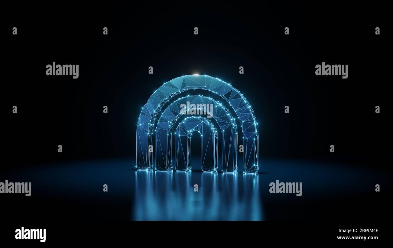 3d rendering wireframe digital techno neon glowing symbol of rainbow arch with shining dots on ...