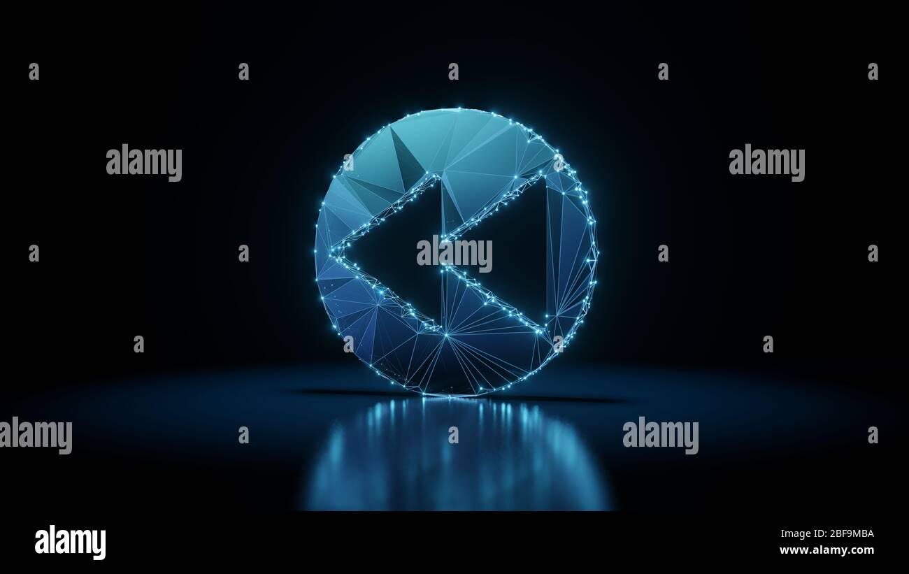 3d rendering wireframe digital techno neon glowing symbol of rewind sign in circle with shining ...