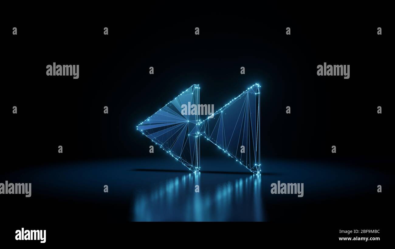 3d rendering wireframe digital techno neon glowing symbol of rewind ...