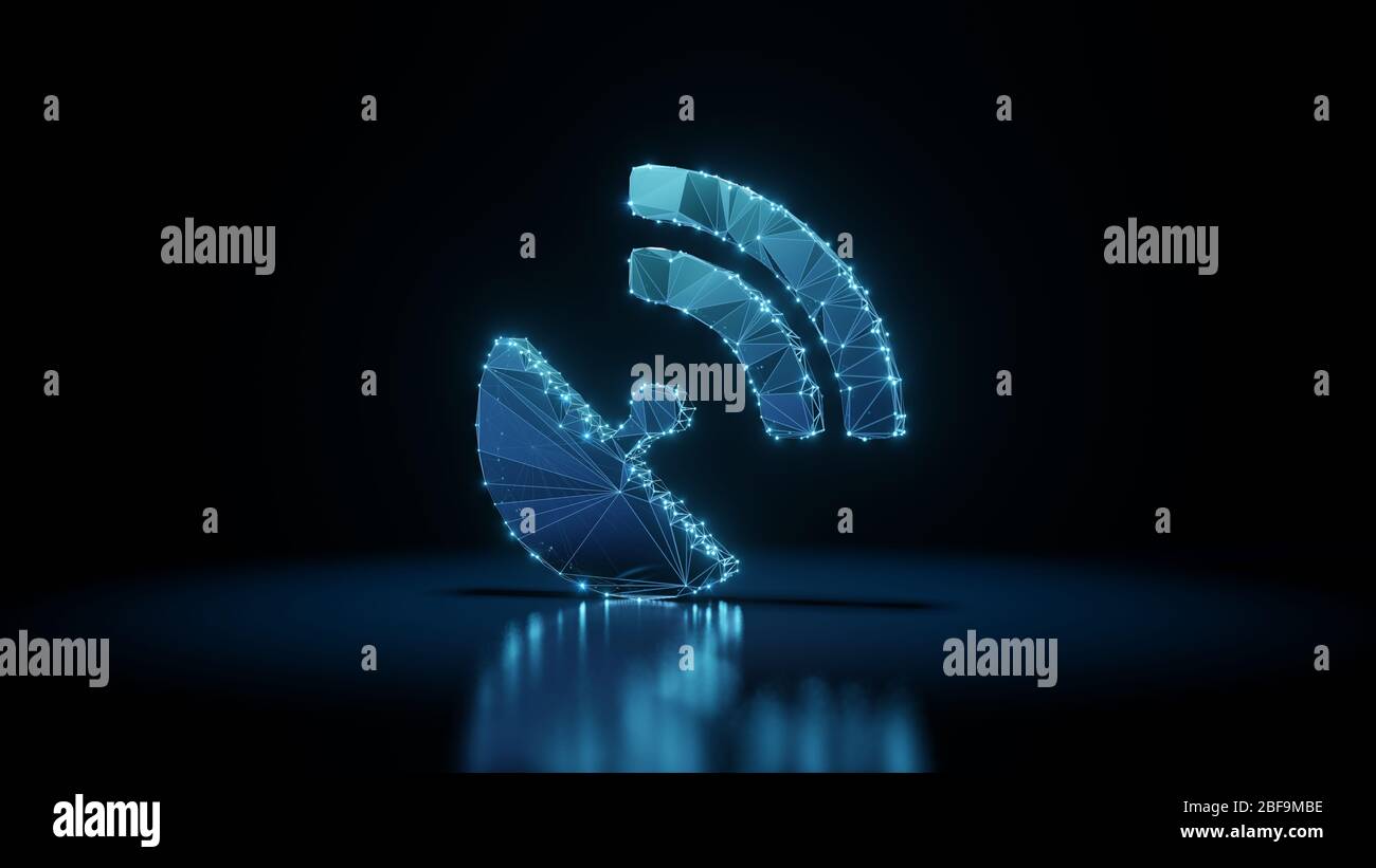 3d rendering wireframe digital techno neon glowing symbol of satellite with signal wires with ...
