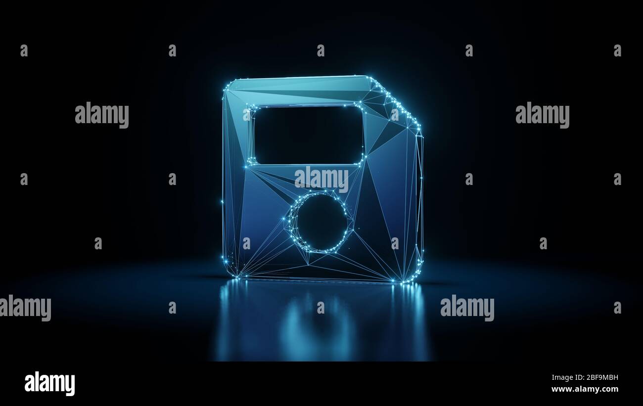 3d rendering wireframe digital techno neon glowing symbol of floppy disk with shining dots on ...