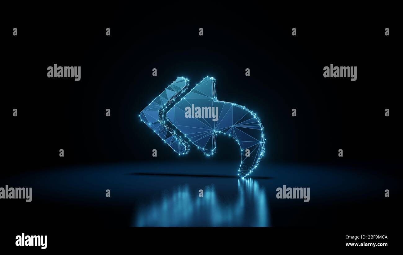 3d rendering wireframe digital techno neon glowing symbol of reply all sign with shining dots on ...
