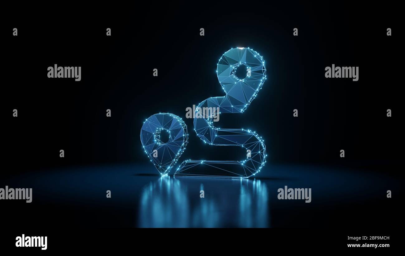 3d rendering wireframe digital techno neon glowing symbol of placeholders and route with shining ...