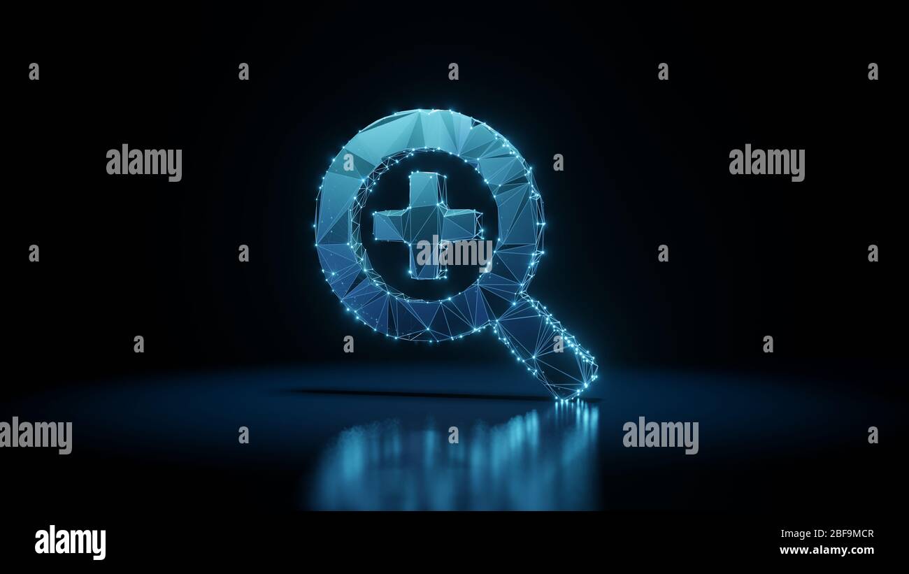 3d rendering wireframe digital techno neon glowing symbol of magnifying glass with plus with ...
