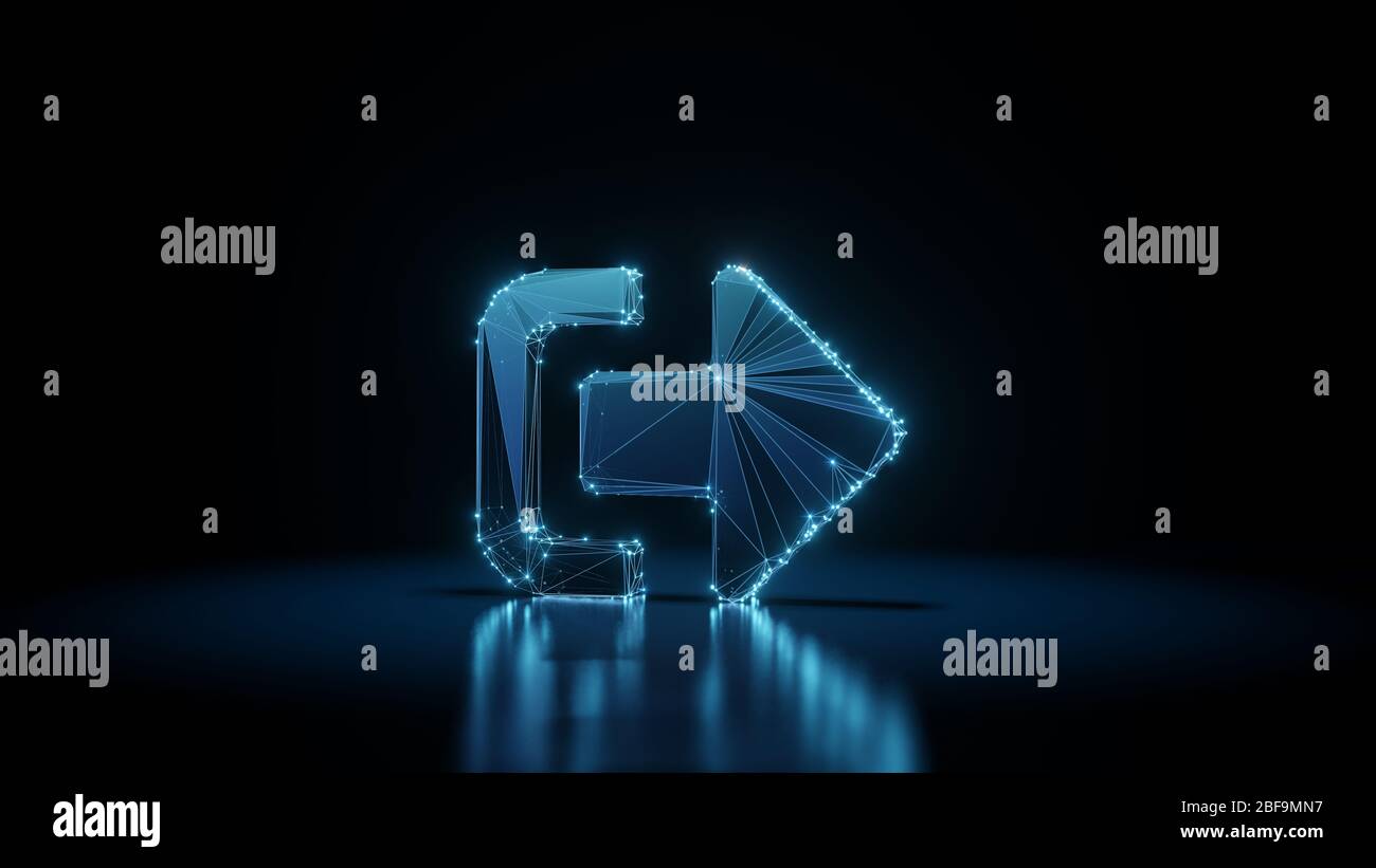 3d rendering wireframe digital techno neon glowing symbol of left arrow with direction from ...