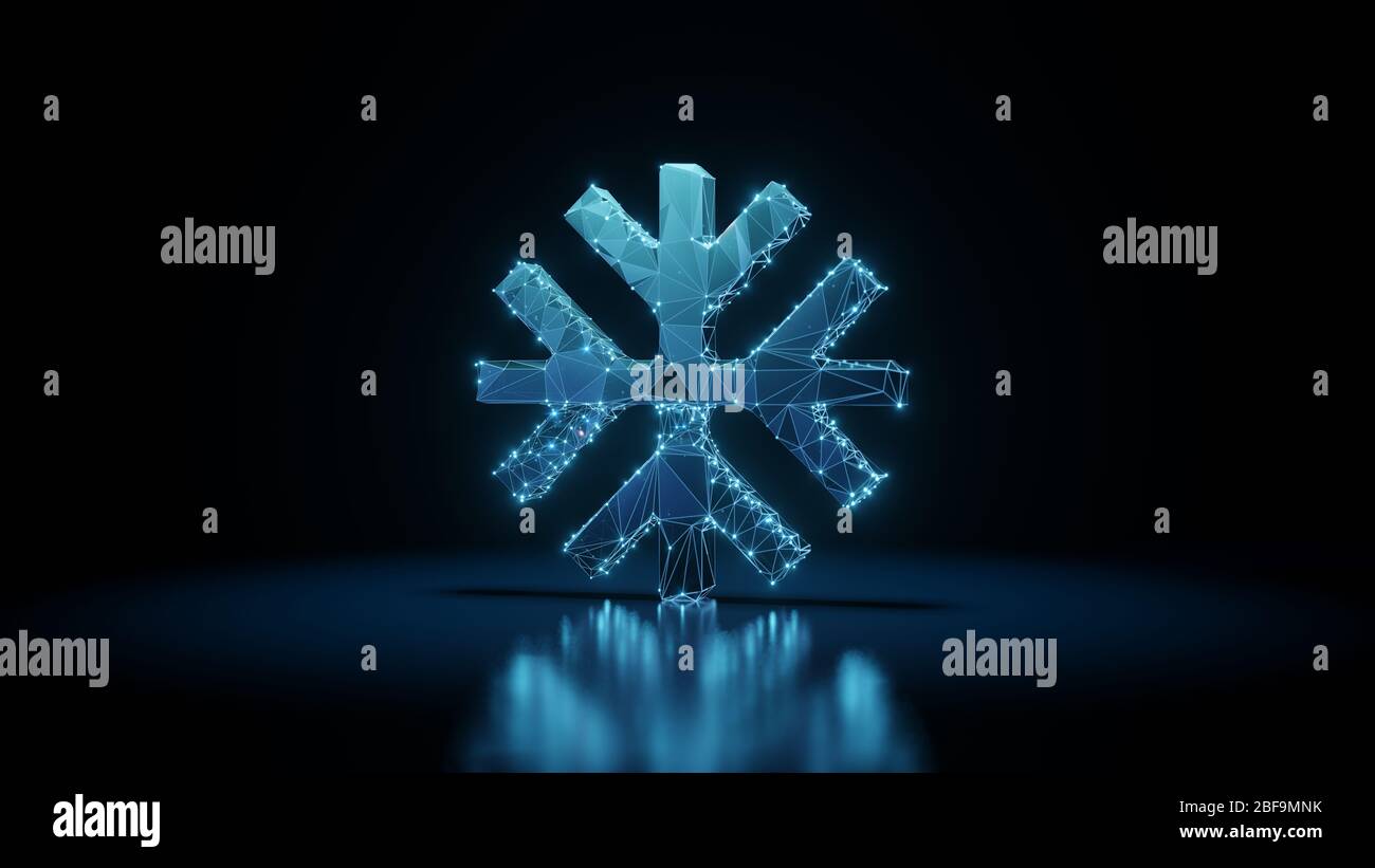 3d rendering wireframe digital techno neon glowing symbol of snowflake ...