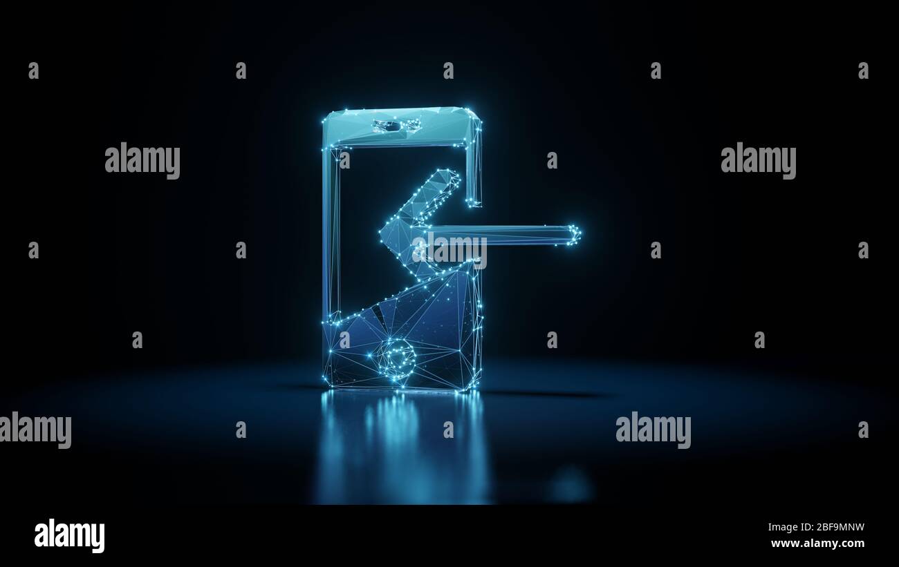 3d rendering wireframe digital techno neon glowing symbol of smartphone with in arrow with ...