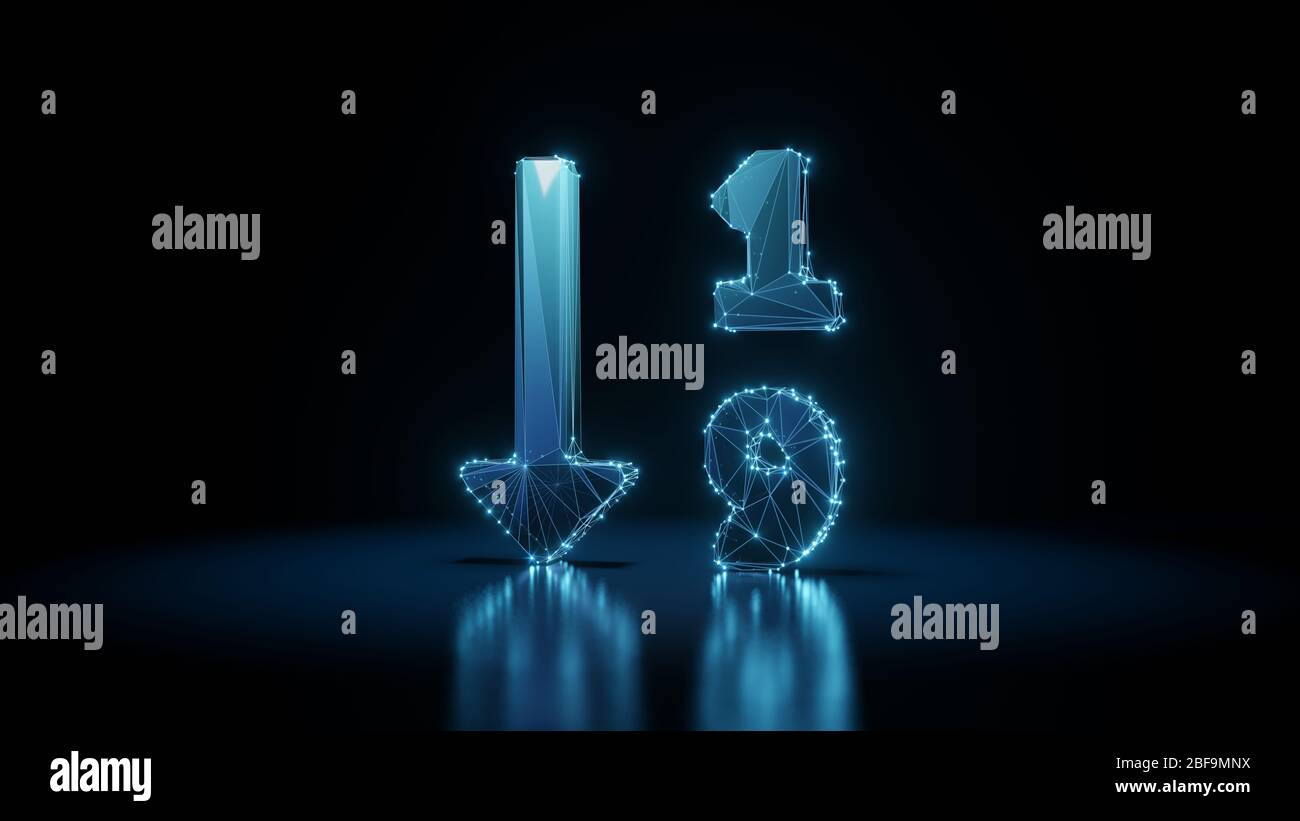 3d rendering wireframe digital techno neon glowing symbol of down arrow with number one and nine ...