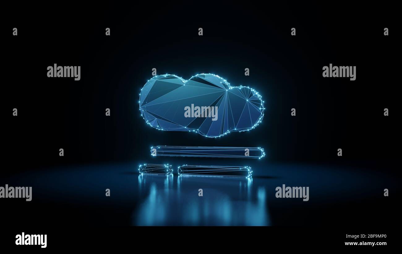 3d rendering wireframe digital techno neon glowing symbol of cloud and smoke lines with shining ...