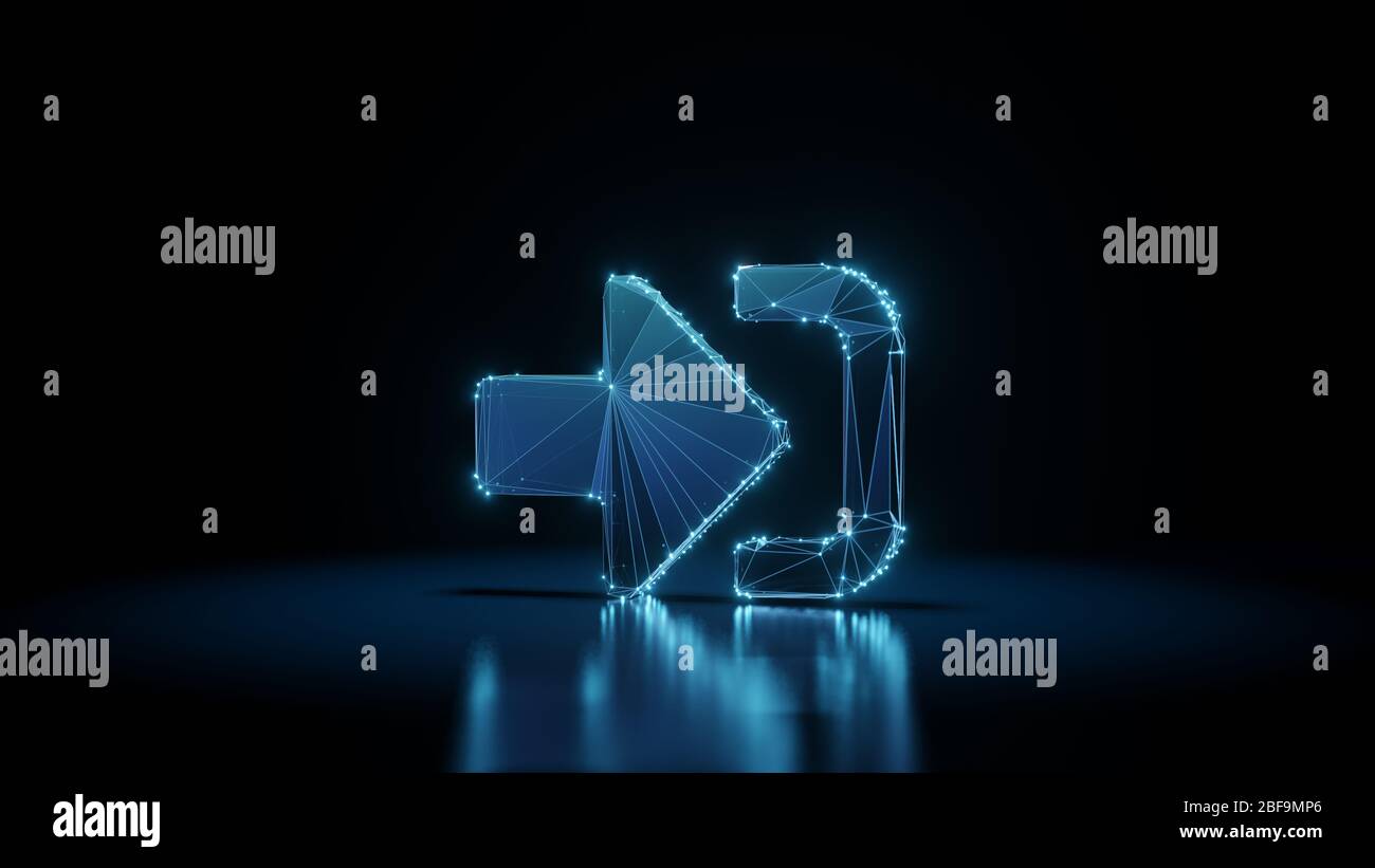 3d rendering wireframe digital techno neon glowing symbol of right arrow with direction in ...