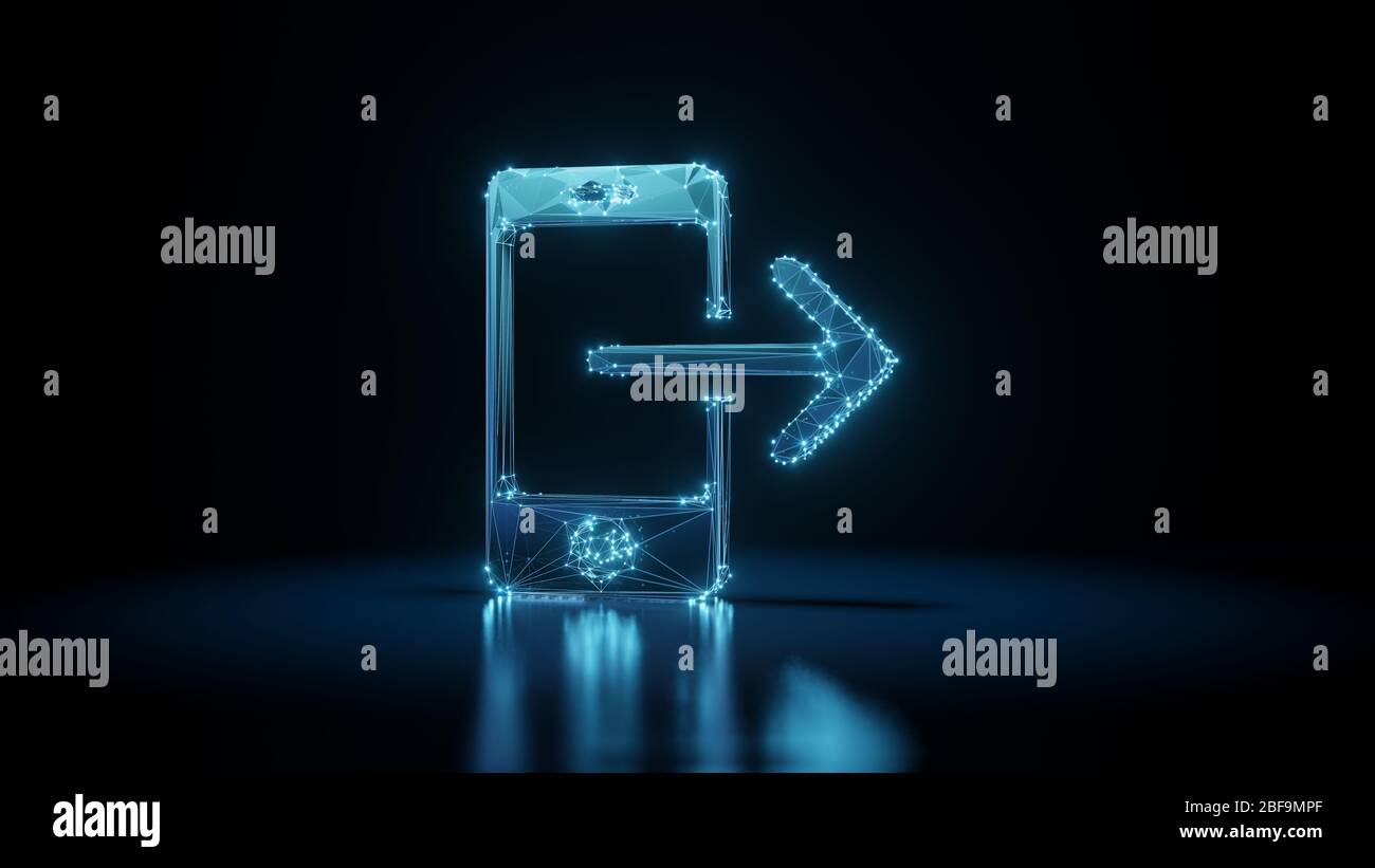 3d rendering wireframe digital techno neon glowing symbol of smartphone with out arrow with ...