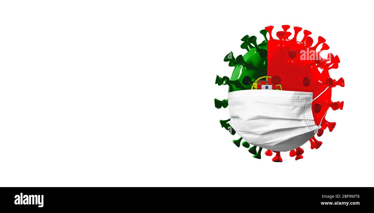 Model of COVID-19 coronavirus colored in national Portugal flag in face ...