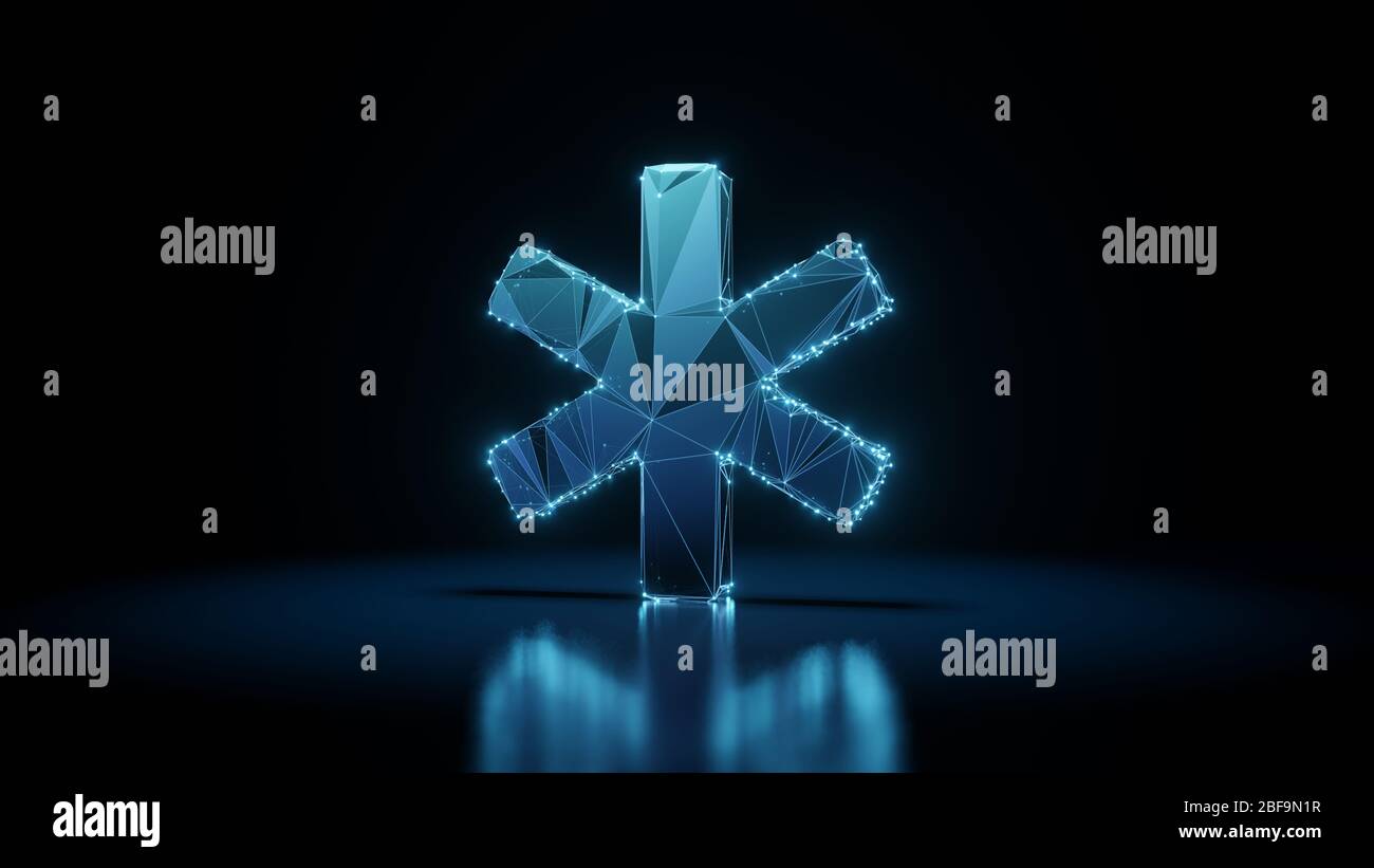 3d rendering wireframe digital techno neon glowing symbol of six-pointed star of life with ...