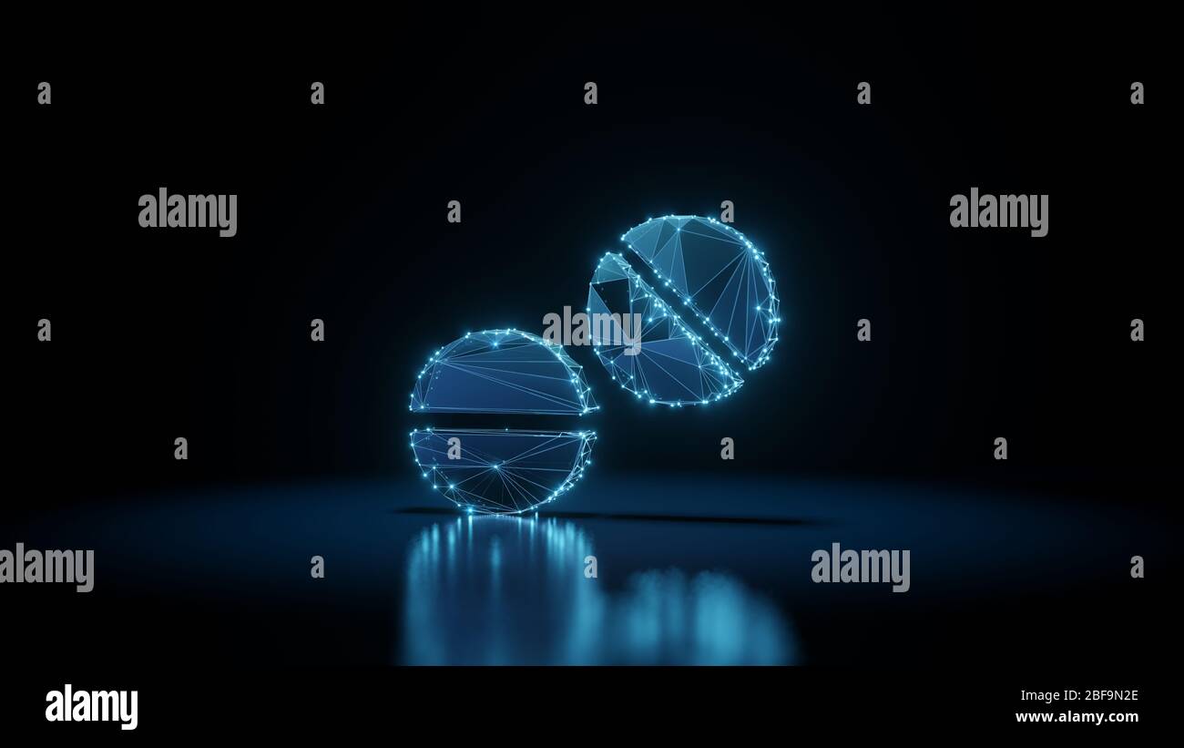 3d rendering wireframe digital techno neon glowing symbol of two pills with shining dots on ...