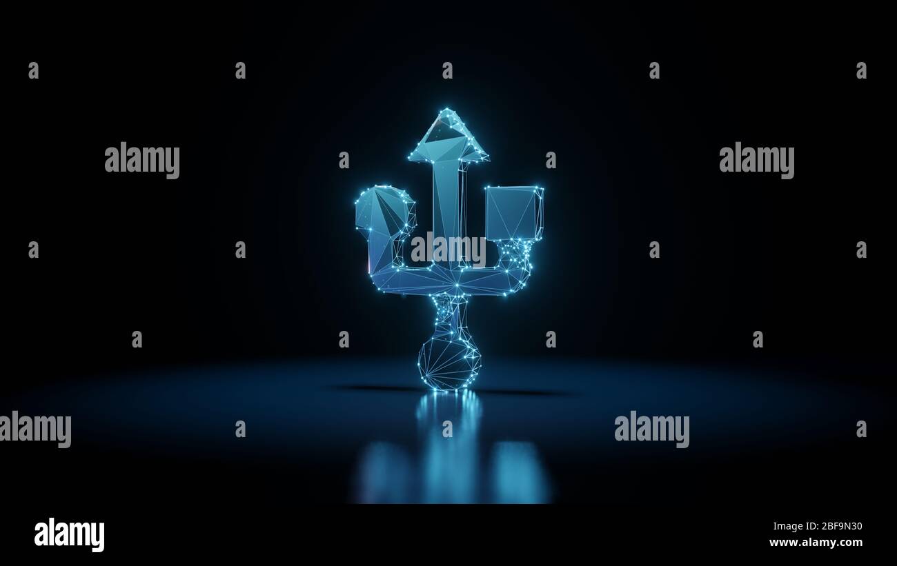 3d rendering wireframe digital techno neon glowing symbol of usb sign with shining dots on black ...