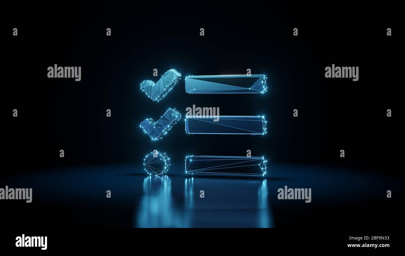 3d rendering wireframe digital techno neon glowing symbol of three lines and check marks with ...
