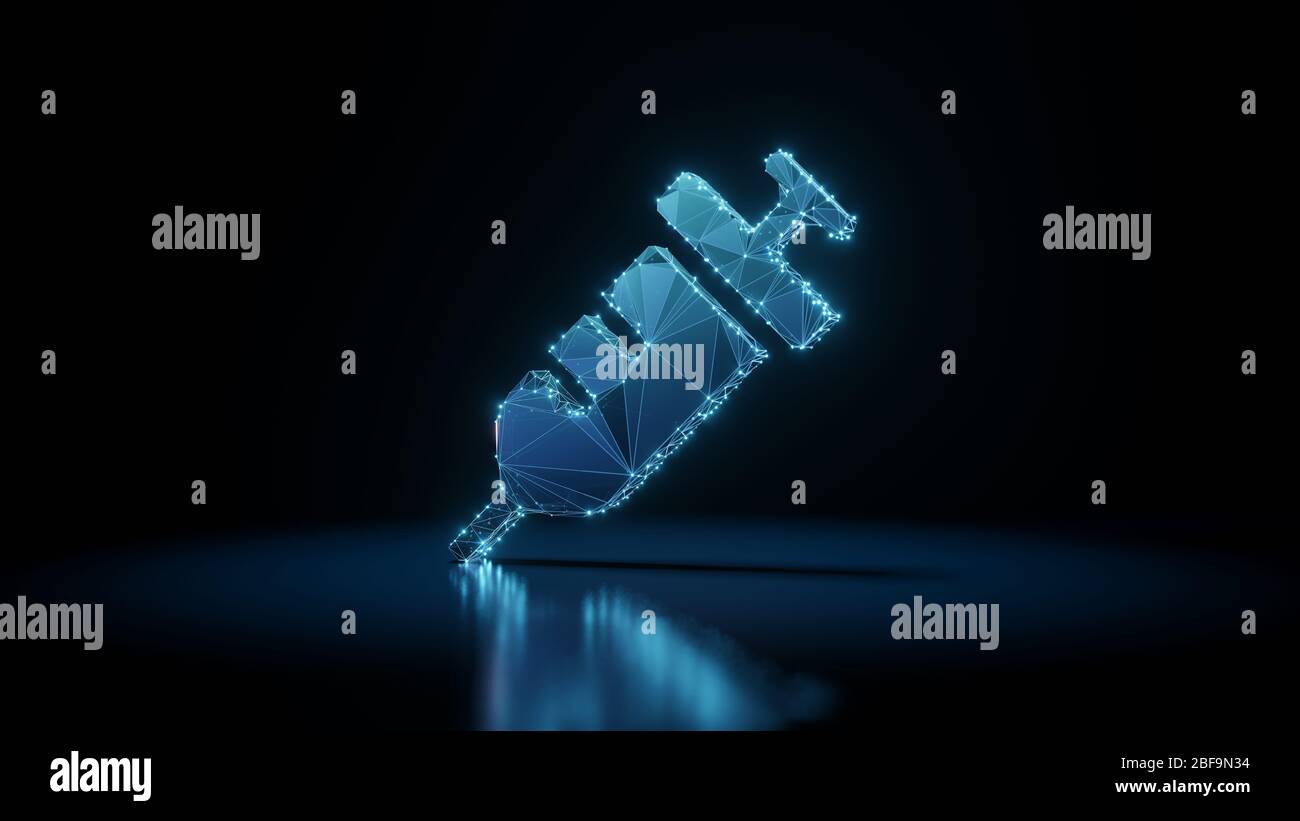 3d rendering wireframe digital techno neon glowing symbol of injection ...