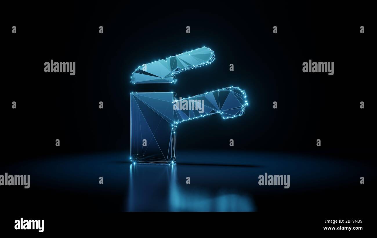 3d rendering wireframe digital techno neon glowing symbol of lever tap with shining dots on ...