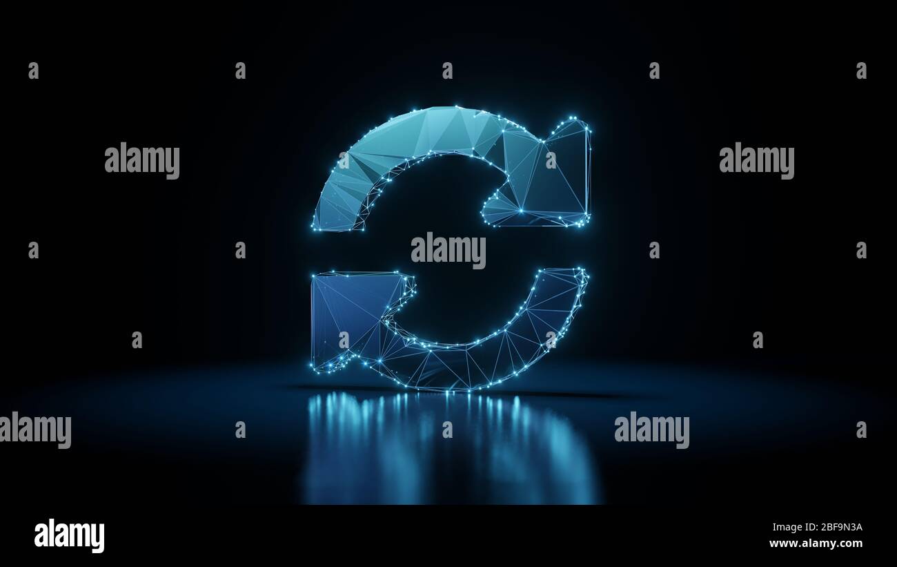 3d rendering wireframe digital techno neon glowing symbol of upload circular arrows with shining ...