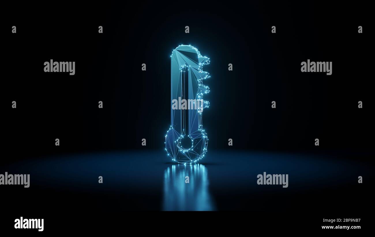 3d rendering wireframe digital techno neon glowing symbol of thermometer with shining dots on ...