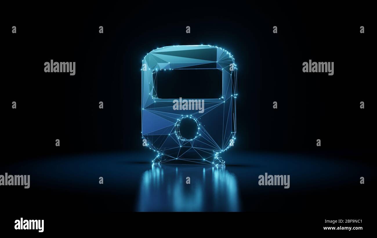3d rendering wireframe digital techno neon glowing symbol of tram from front view with shining ...