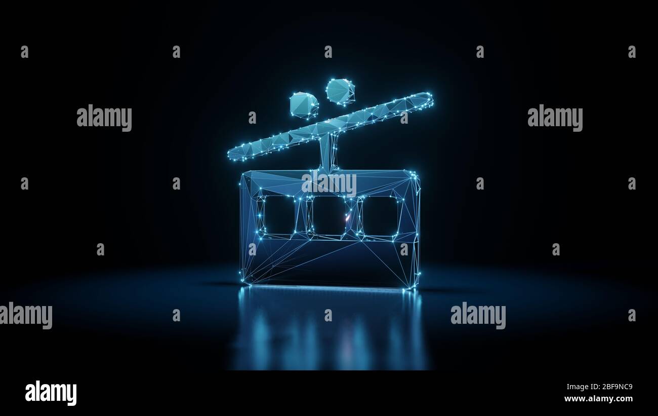 3d rendering wireframe digital techno neon glowing symbol of tram from side view with shining ...