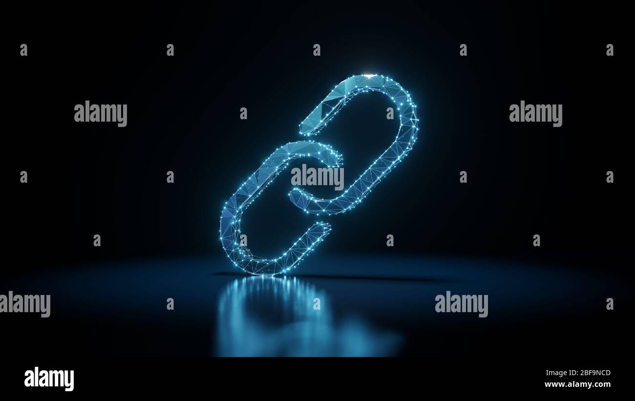 3d rendering wireframe digital techno neon glowing symbol of two thin chain links with shining ...